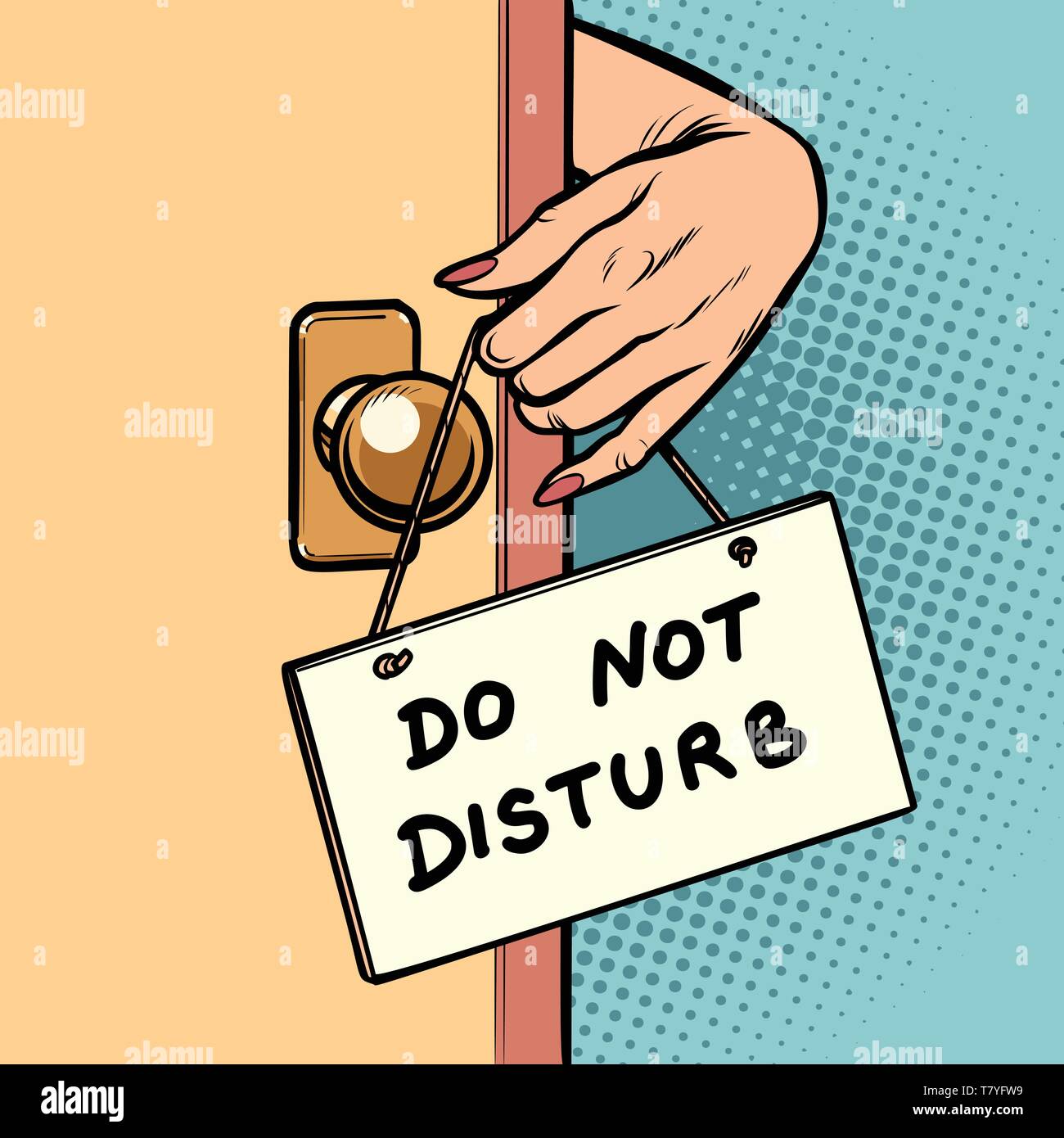 Nicht stören Frau Hand hängt ein Schild an der Tür. Comic cartoon Pop ...