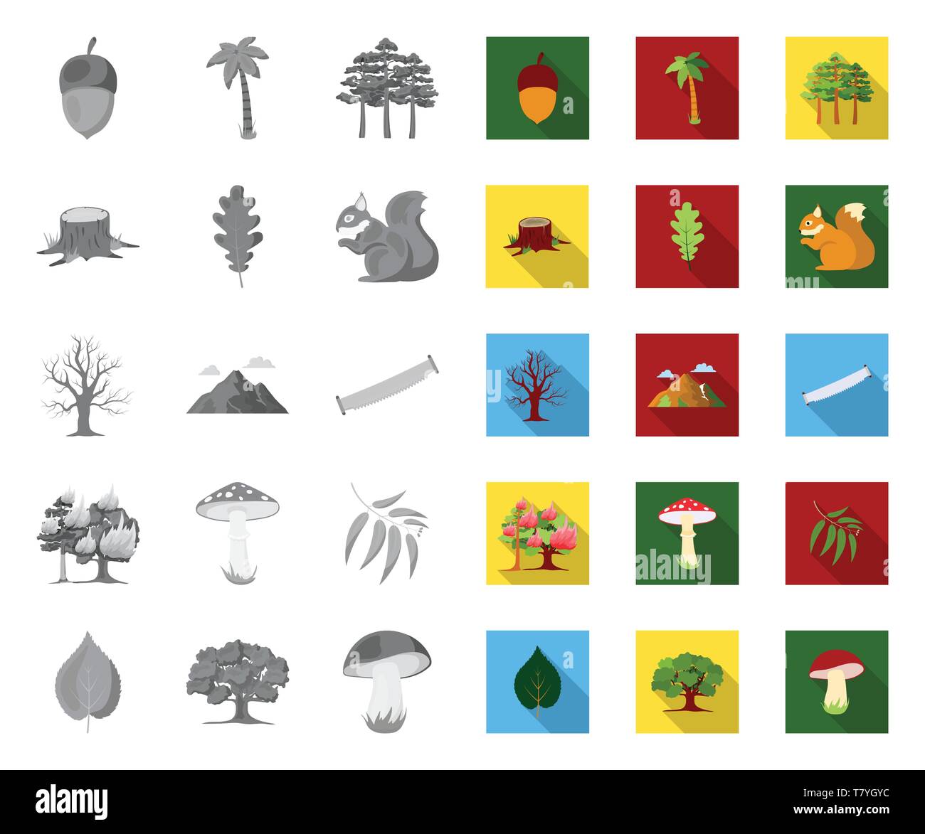 Wald und Natur mono, Flachbild Symbole im Set Sammlung für Design. Wald ...