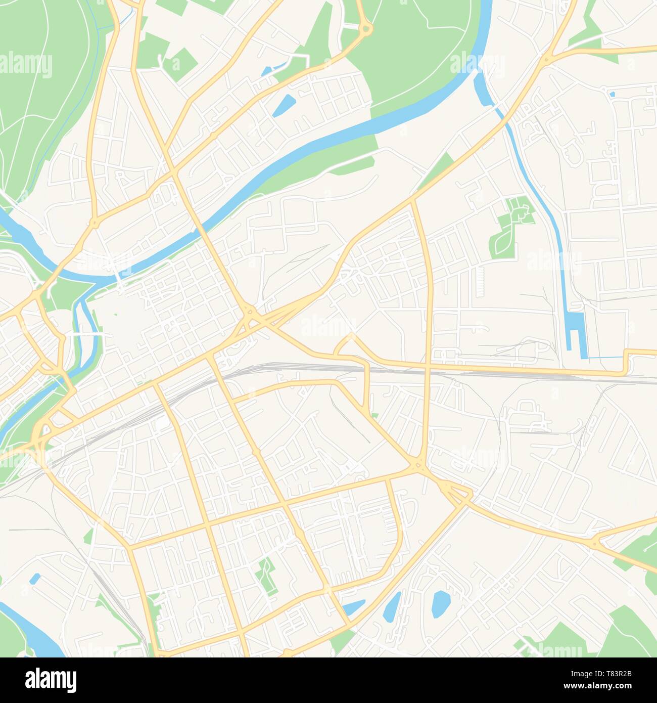 Druckbare Karte von Györ, Ungarn mit Haupt- und Nebenstraßen und ...
