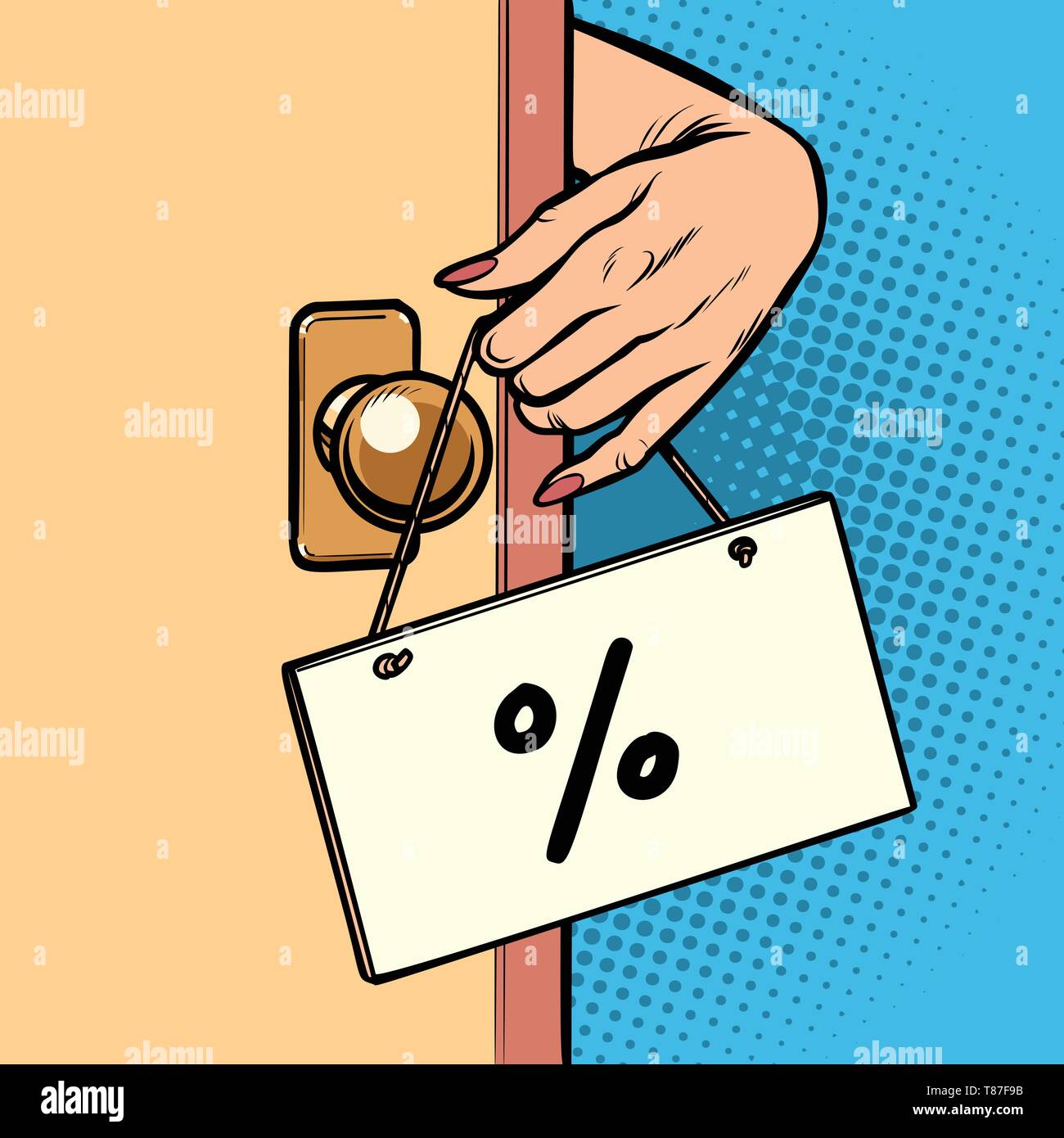 Prozent Rabatt Frau Hand hängt ein Schild an der Tür. Comic cartoon Pop ...