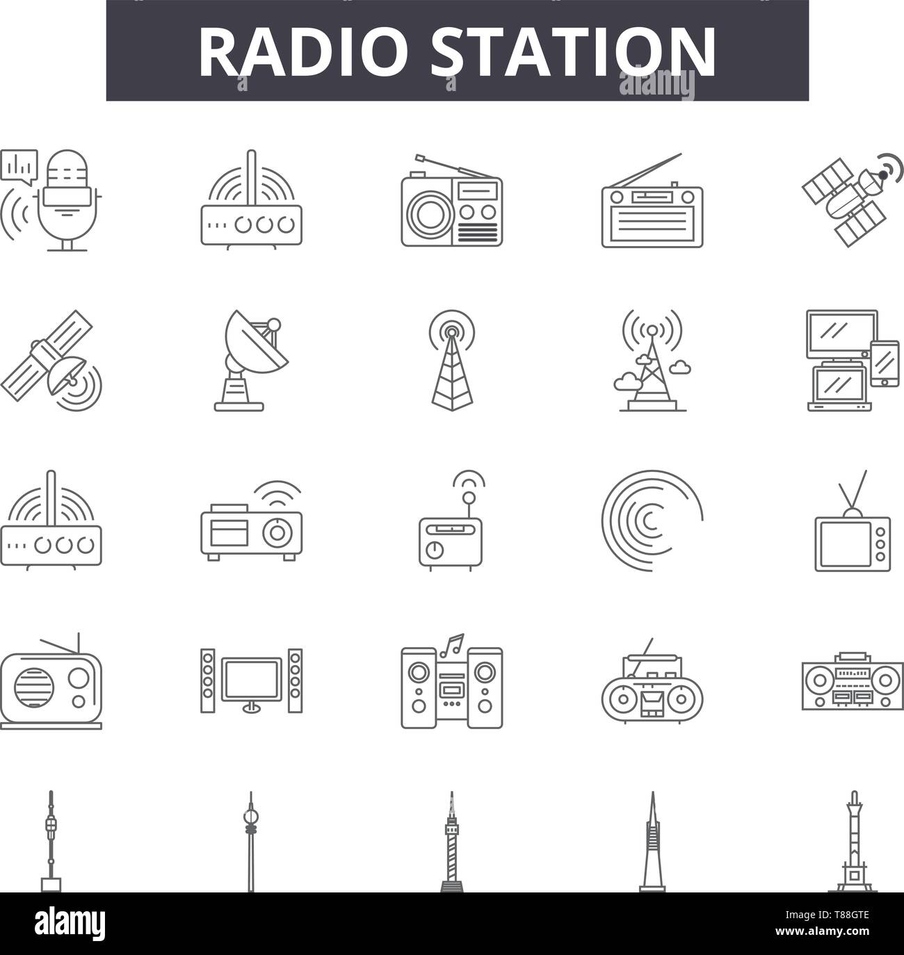 Radio Station Linie Symbole, Zeichen, Vektor, Entwurfskonzept, lineare ...