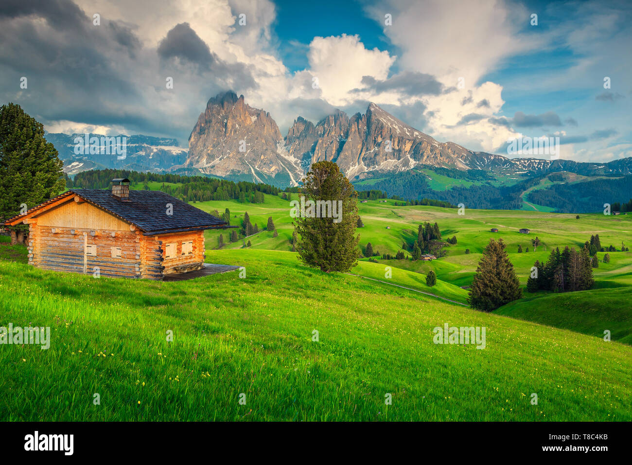 Malerische Alpenlandschaft, Holz- Lodge Sommer- und grüne Felder mit ...