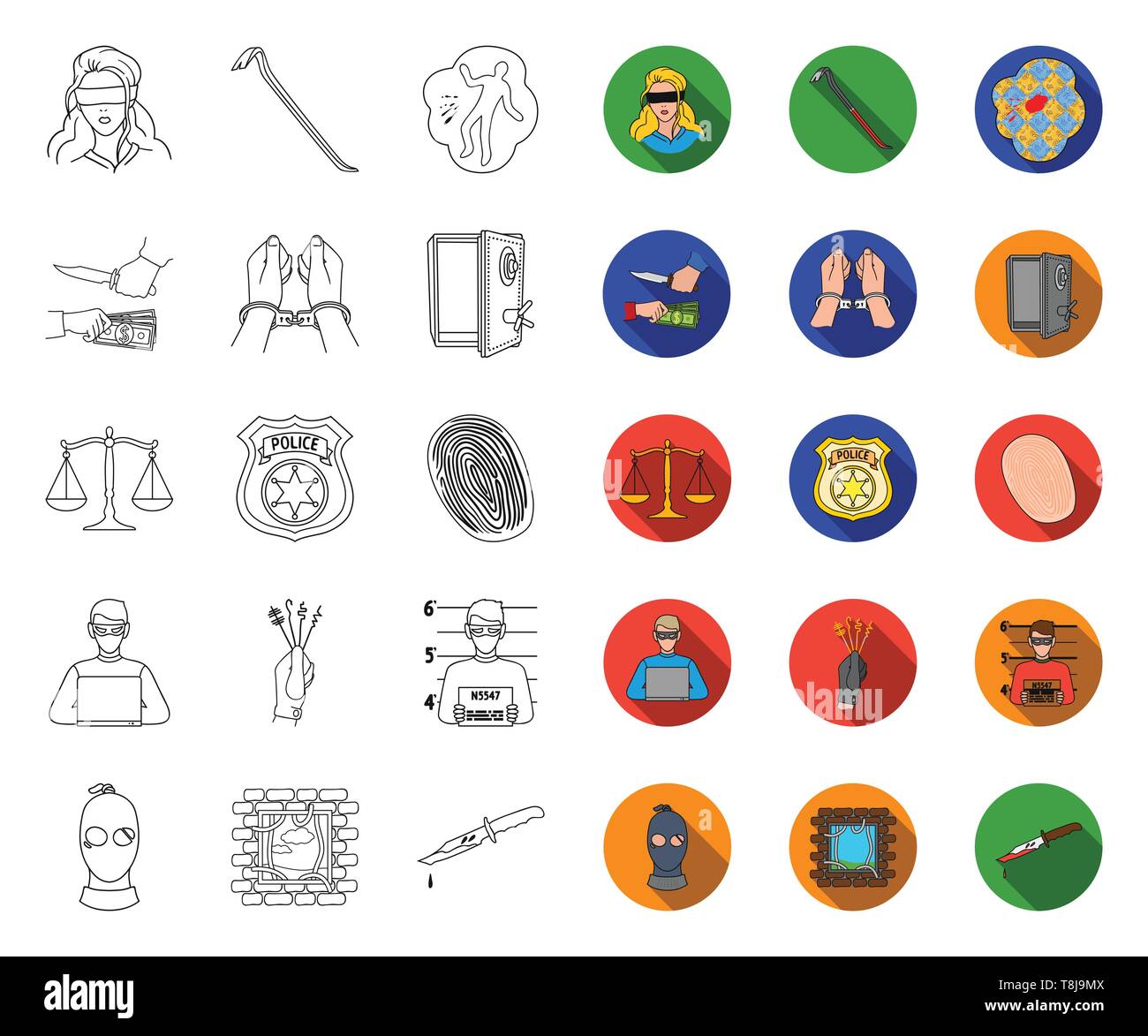 Verbrechen und Strafe Umrisse, Flachbild Symbole im Set Sammlung für ...