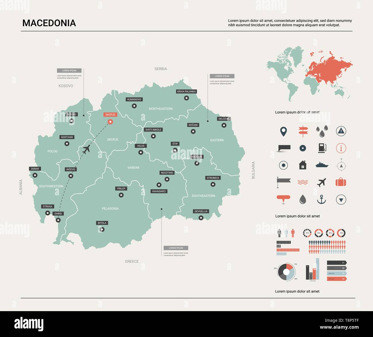 Vektorkarte von Mazedonien. Land Karte mit Division, Städte und ...