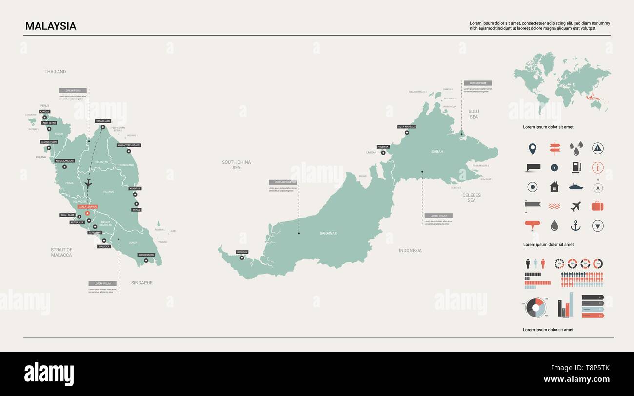 Vektor Karte von Malaysia. Land Karte mit Abteilung, Städten und der ...