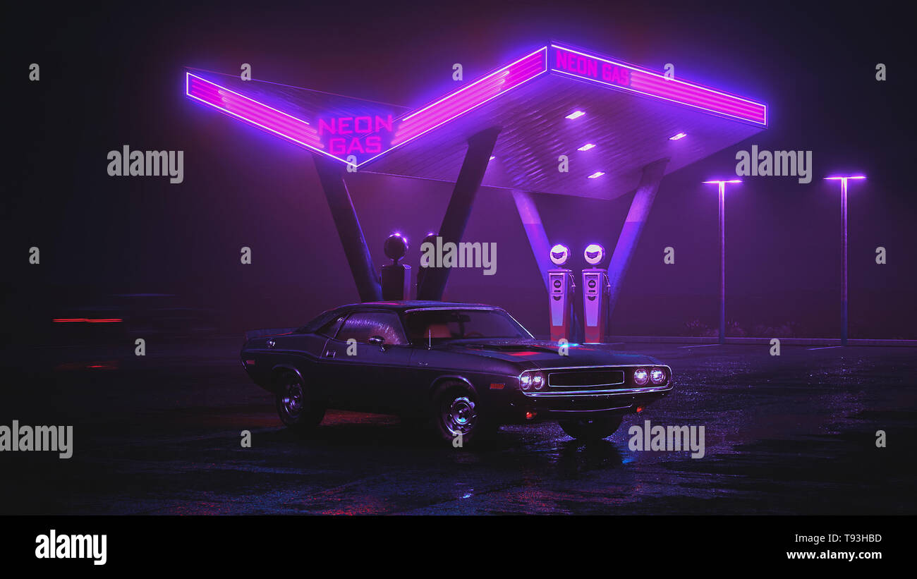 3D-Illustration von Neon Tankstelle und Retro Auto. Nebel Regen und ...