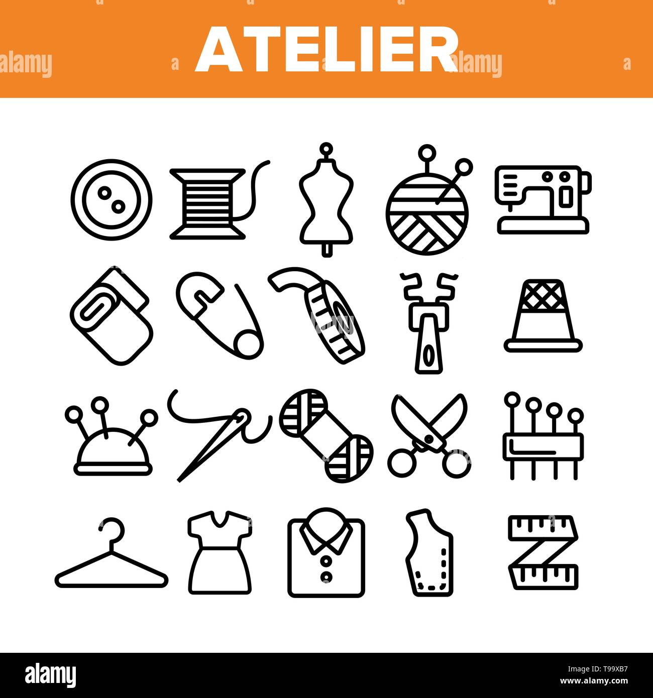 Mode Atelier und Nähen Linear Vector Icons einstellen. Atelier, Tailor ...