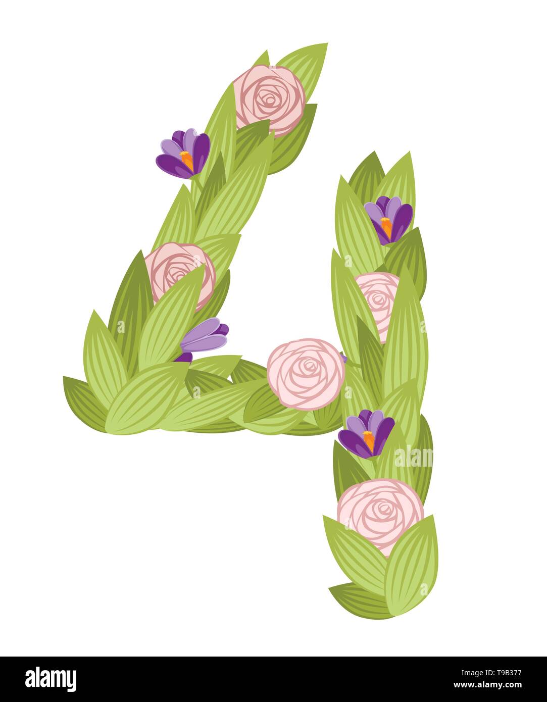 Nummer vier. Cartoon Blume font Design. Nummer 4 mit Blumen und Blätter ...