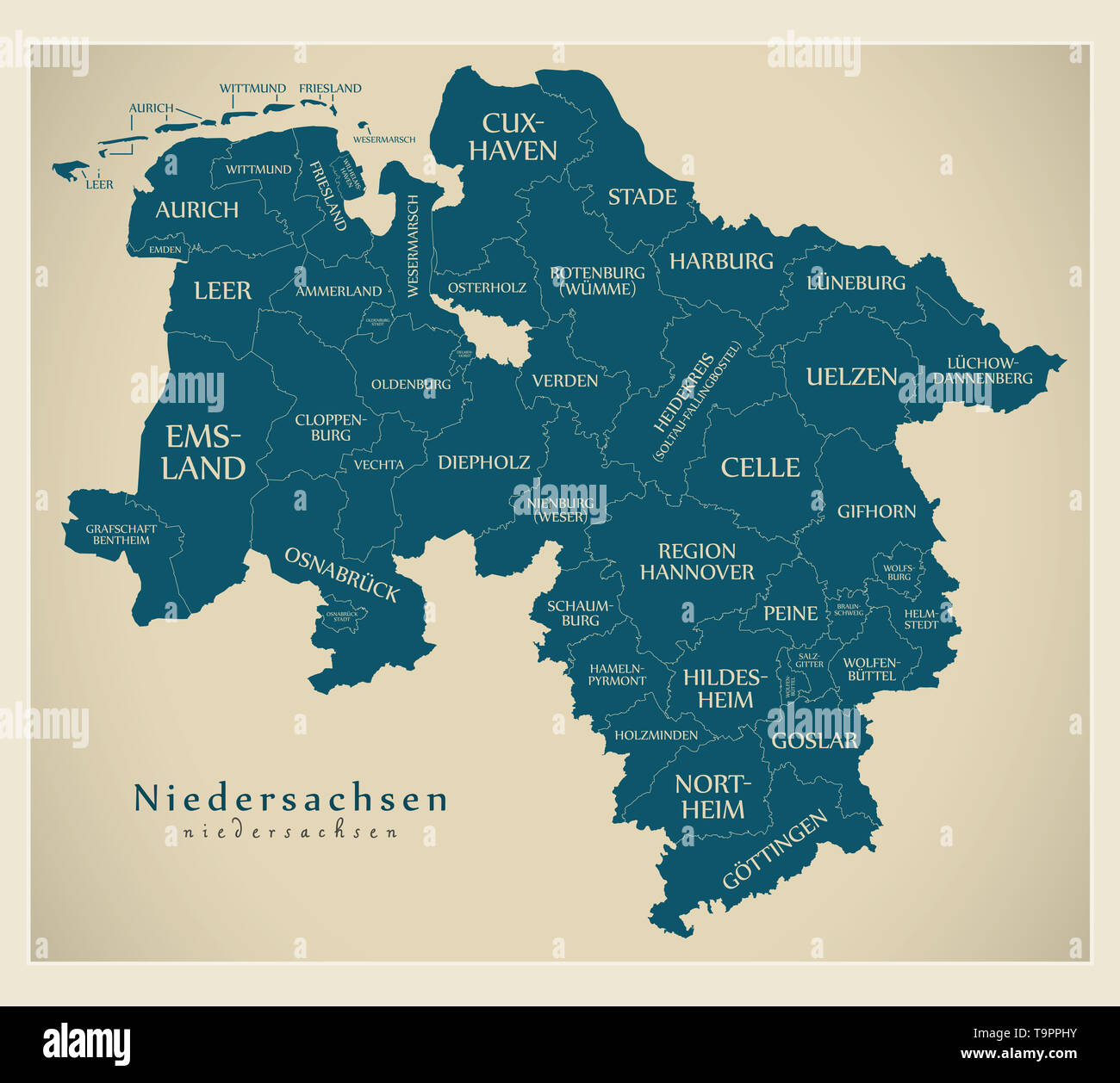 Moderne Karte - Niedersachsen Deutschlandkarte mit Landkreisen und ...