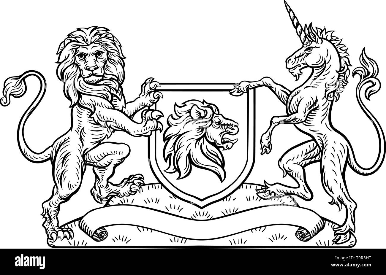 Wappen Der heraldische Löwe und Einhorn Schild Stock-Vektorgrafik - Alamy