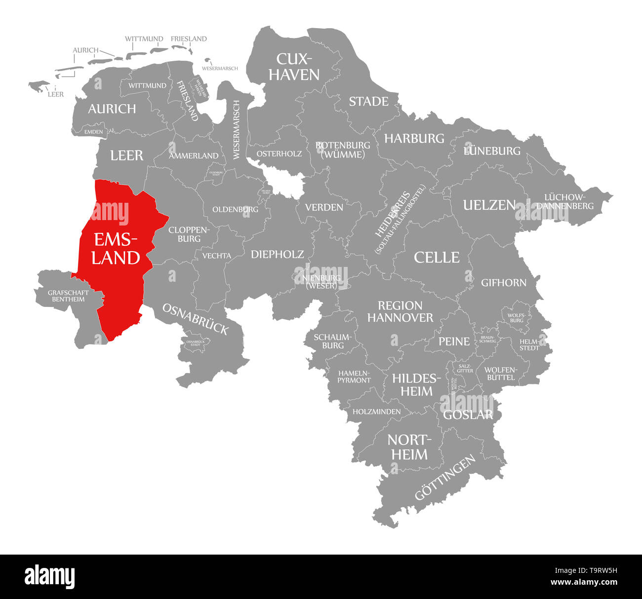 Emsland Grafschaft in Rot hervorgehoben Karte von Niedersachsen Deutschland Stockfotografie - Alamy