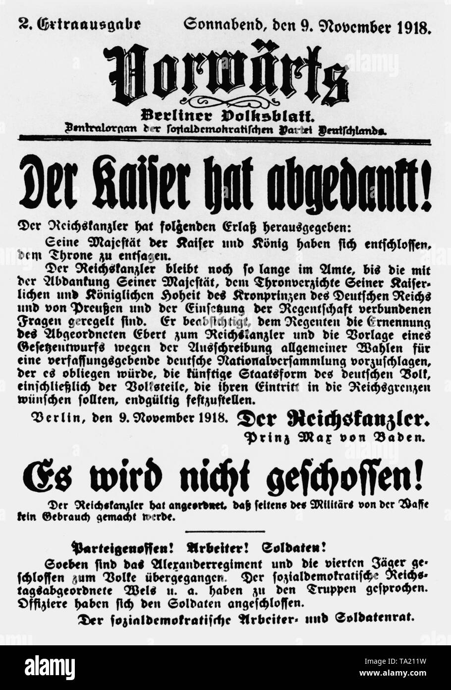 Am 9. November 1918, auf der Titelseite der Sozialdemokratischen ...