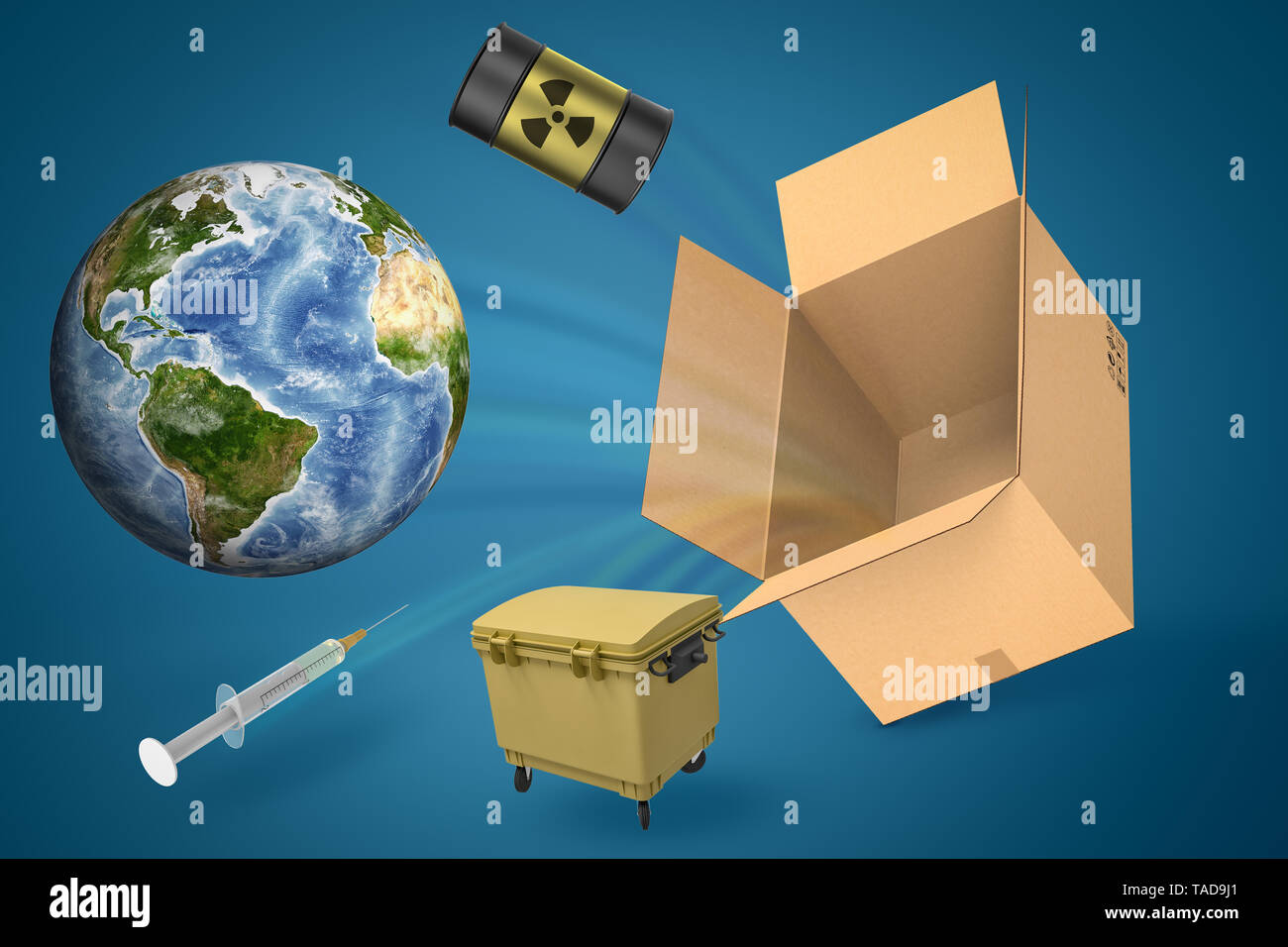 3D-Rendering von Erde, radioaktive Abfälle barrel, Mülleimer, und ...