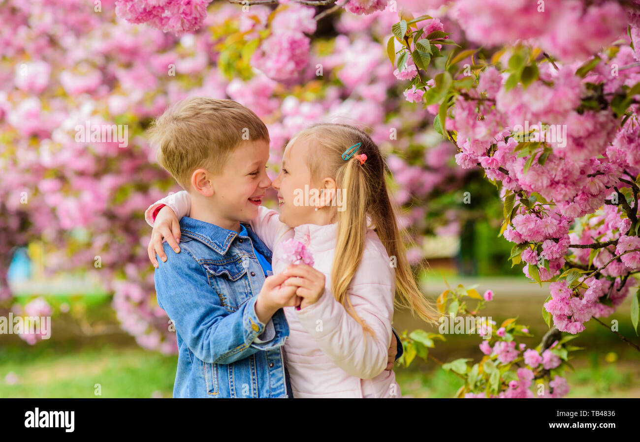 Romantische Babys. Liebe Gefühle. Paar Kinder auf Blumen von Kirschbaum ...