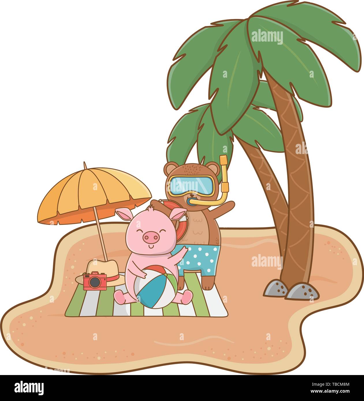 Süße Tiere Freunde, Bär und Schwein genießen Sommer, Reisen und Ferien ...