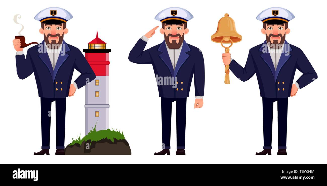 Kapitän des Schiffes in der professionellen Uniform, der drei Posen ...