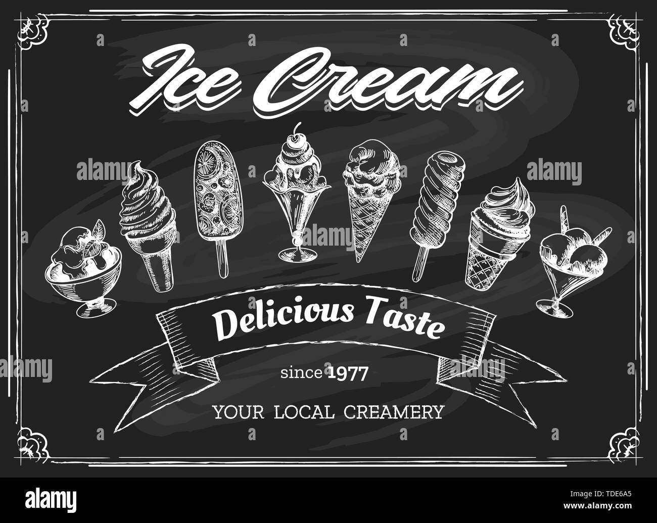 Eis Kreidetafel Zeichnung. Eskimo creme Skizze auf dem Schwarzen Brett ...