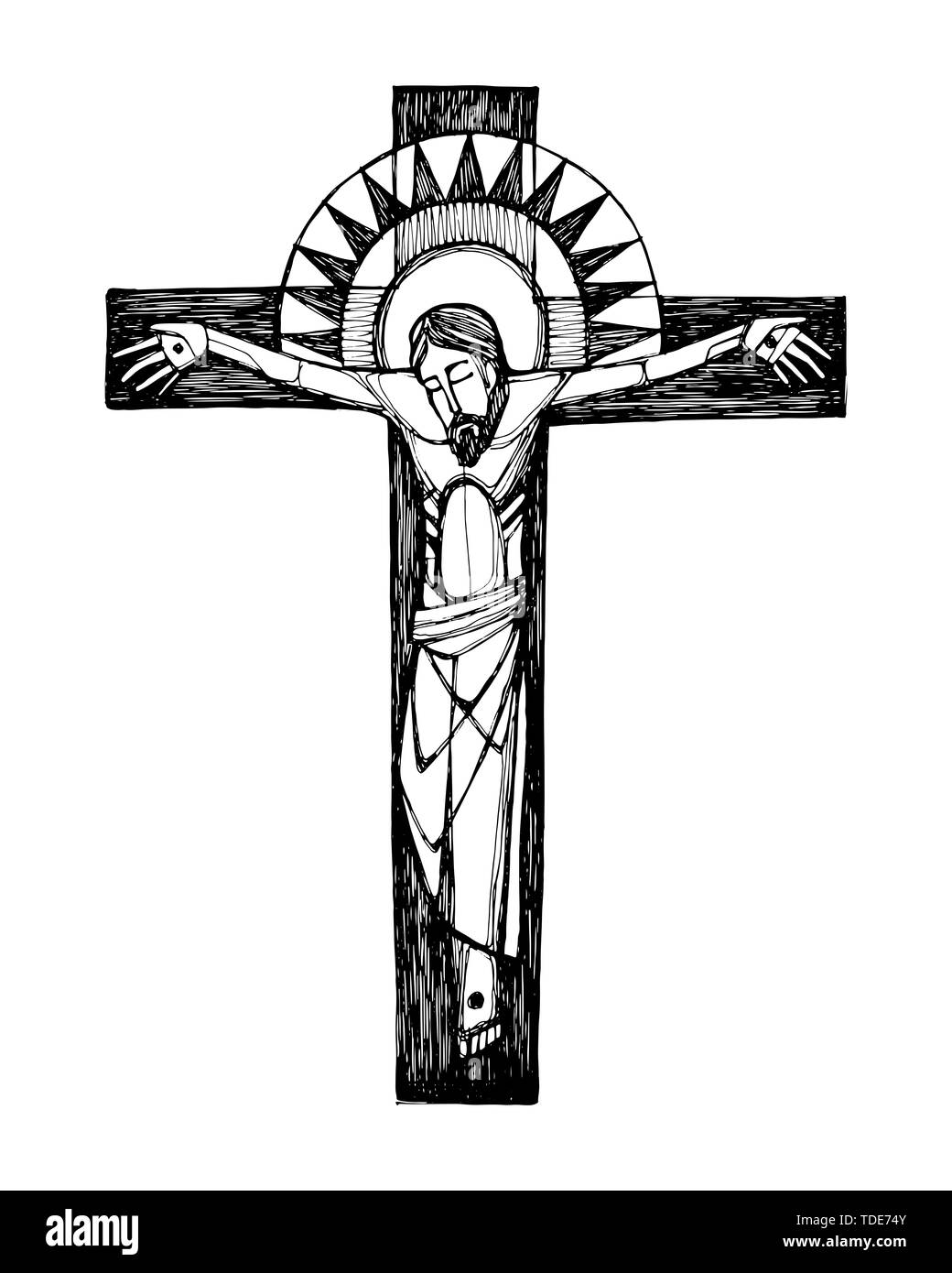 Vektor-Illustration von Hand gezeichnet oder Zeichnung von Jesus Christus am Kreuz ...