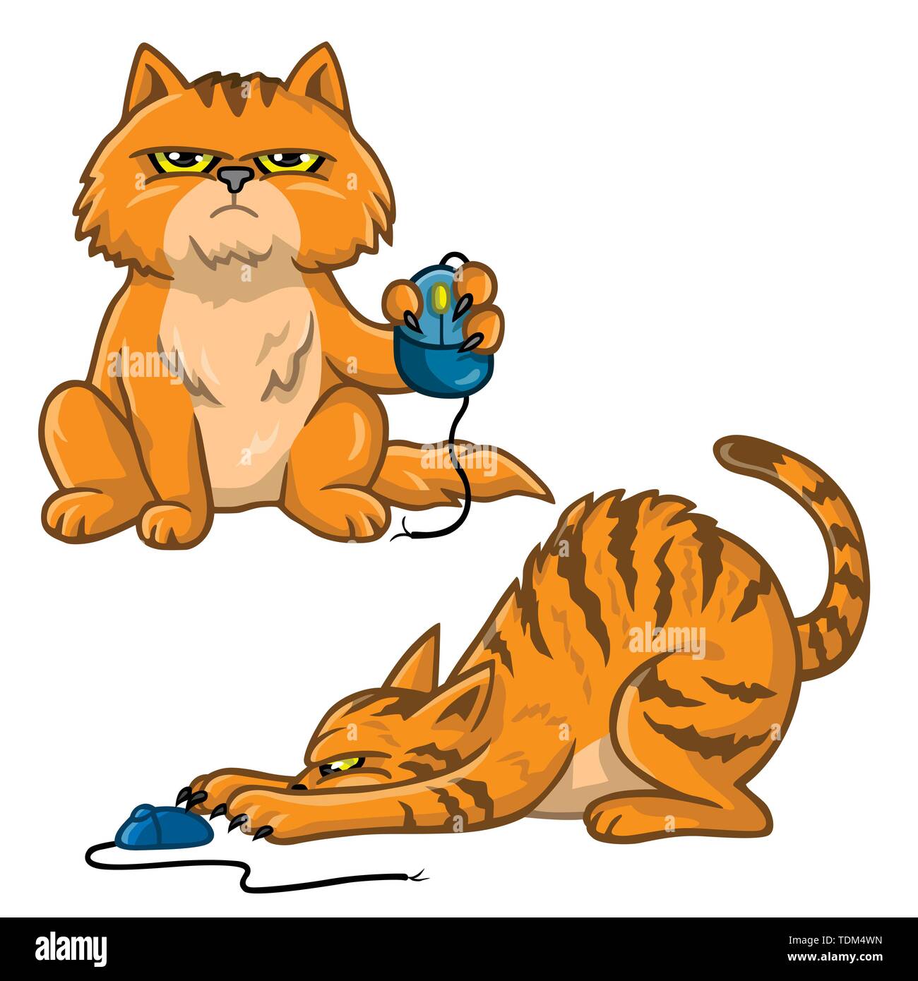 Katze Cartoon Set spielen mit Computer Maus Vector Illustration Stock ...