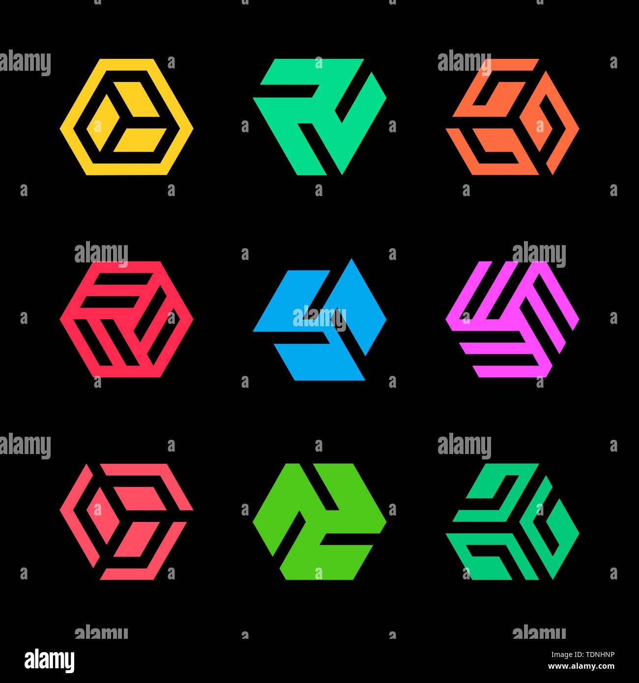 Bunte Symbole auf schwarzem Hintergrund. Sechseck geformt Logo Design ...