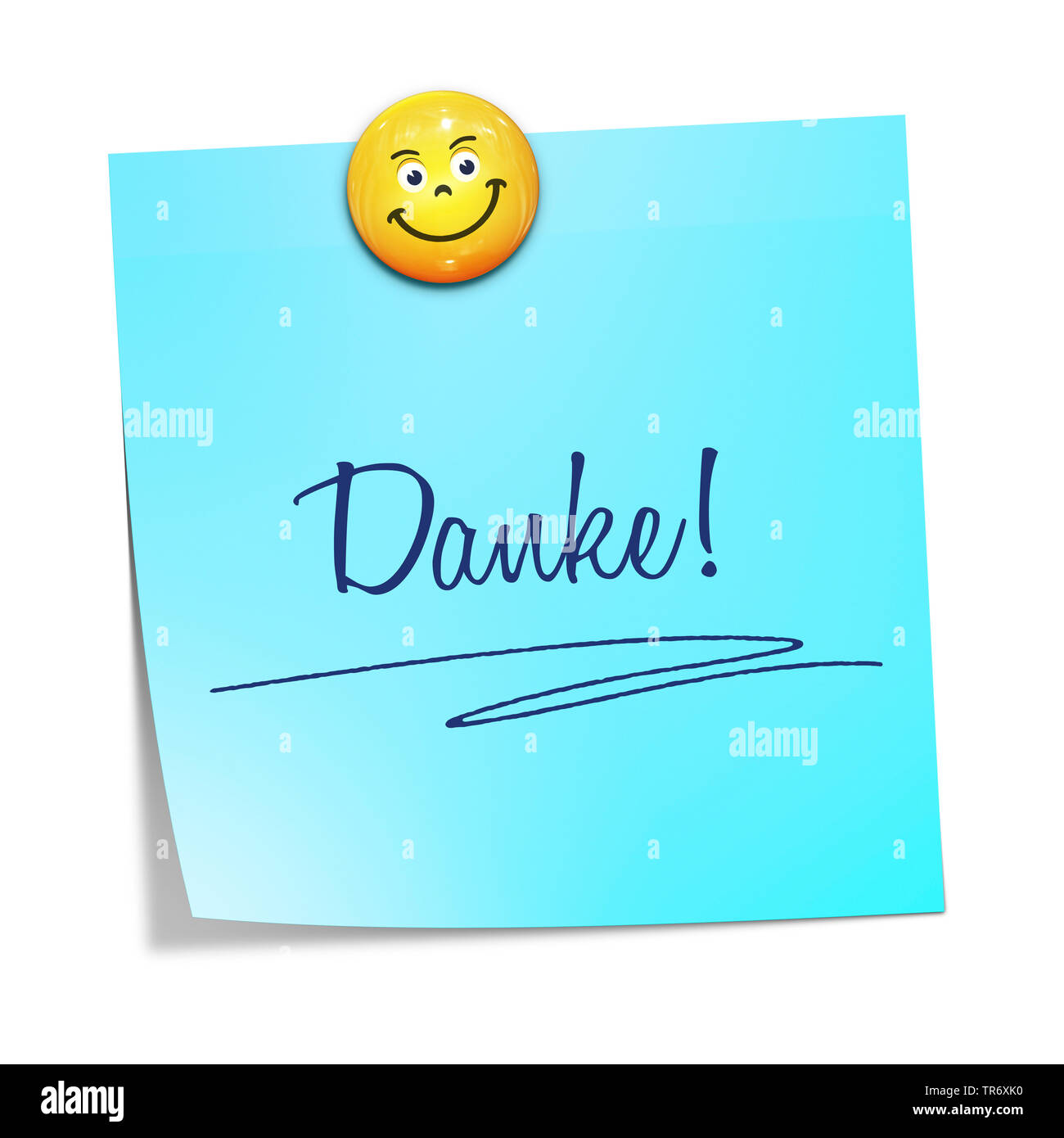 3D Computer Grafik, Memo in blauer Farbe mit Smiley lesen Danke (Vielen ...