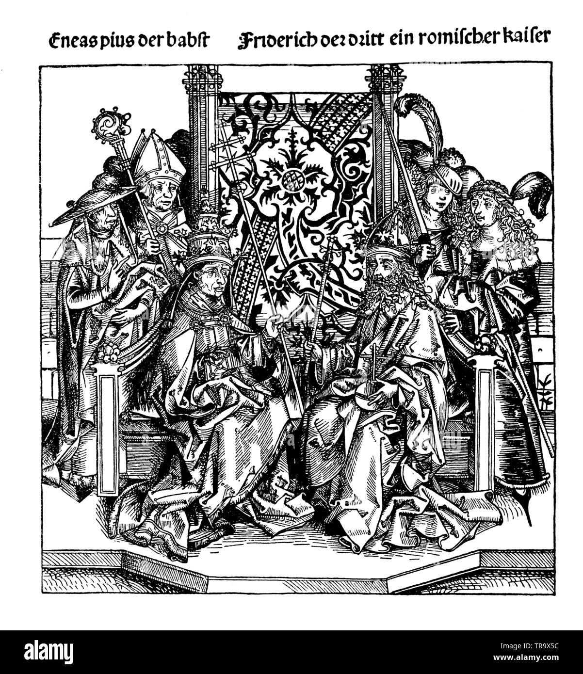 Aenas Papst Pius und Kaiser Friedrich III. Nach einem holzschnitt von ...