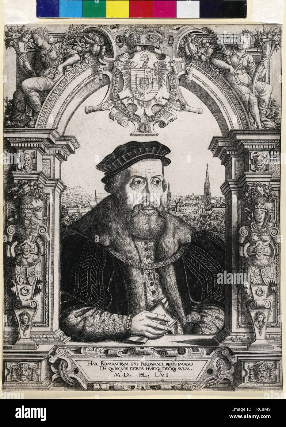 Bild Kaiser Ferdinand I., in der Rückseite Blick auf Wien. Kupferstich ...