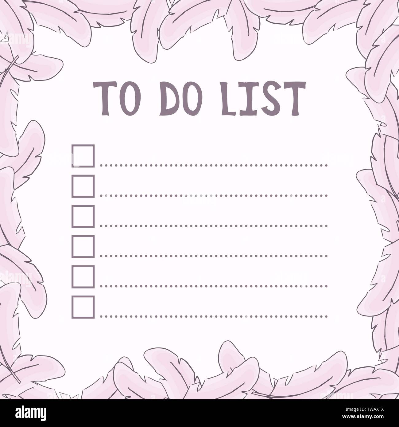 , Um Liste zu tun. Design mit rosa Federn. Vector Illustration. Leere ...