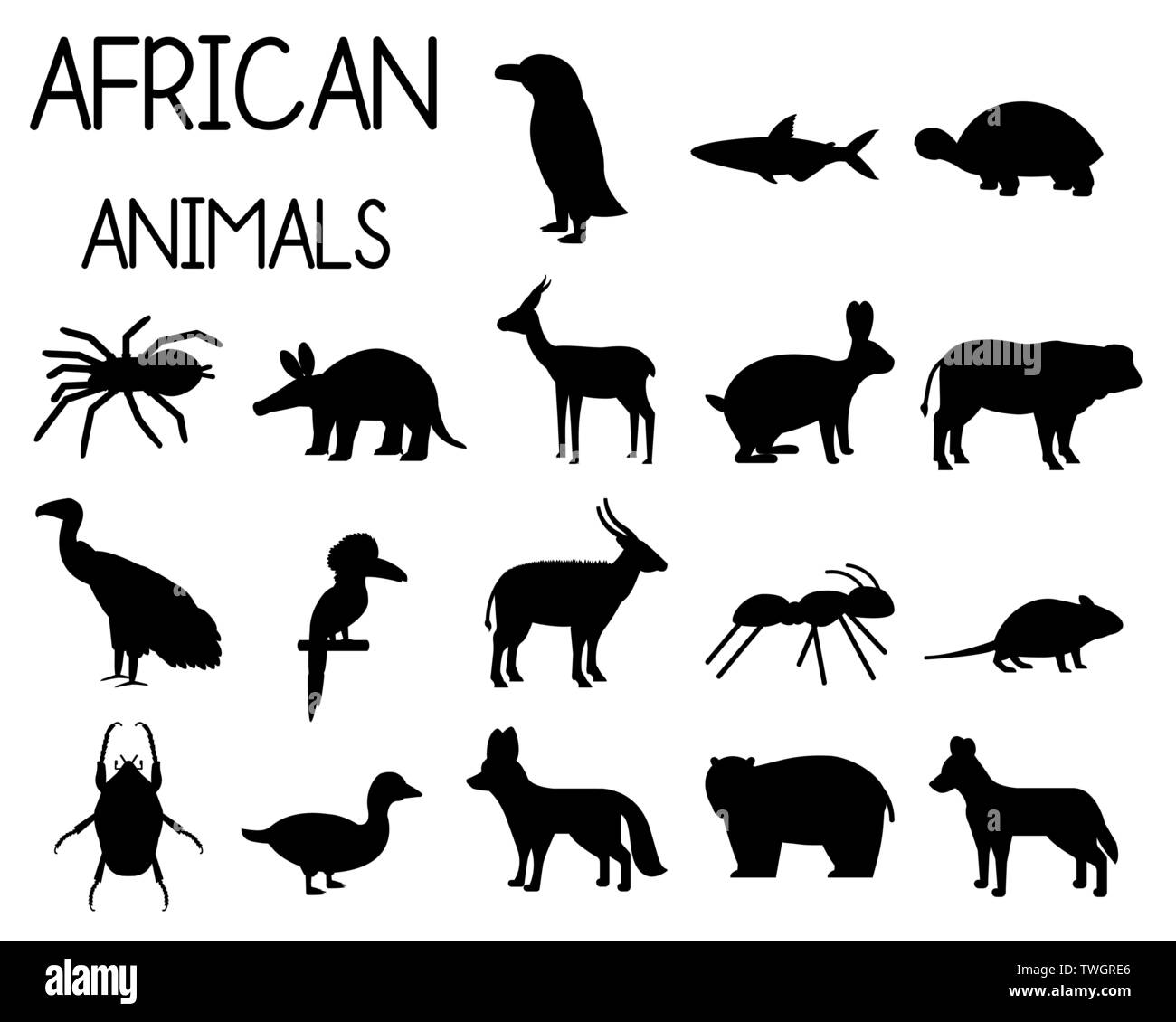 Afrikanische Tier Silhouetten Reihe von Icons im flachen Stil ...