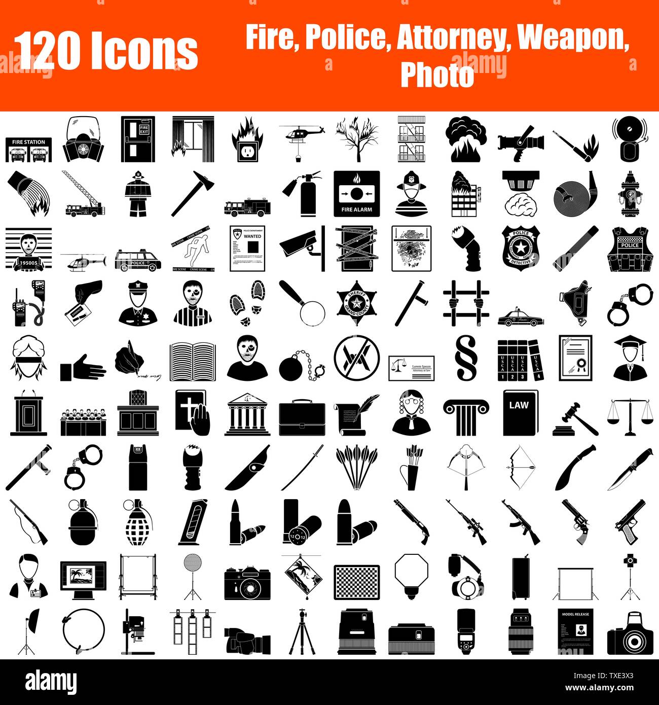 Satz von 120 Icons. Feuerwehr, Polizei, Rechtsanwalt, Waffe, Foto ...