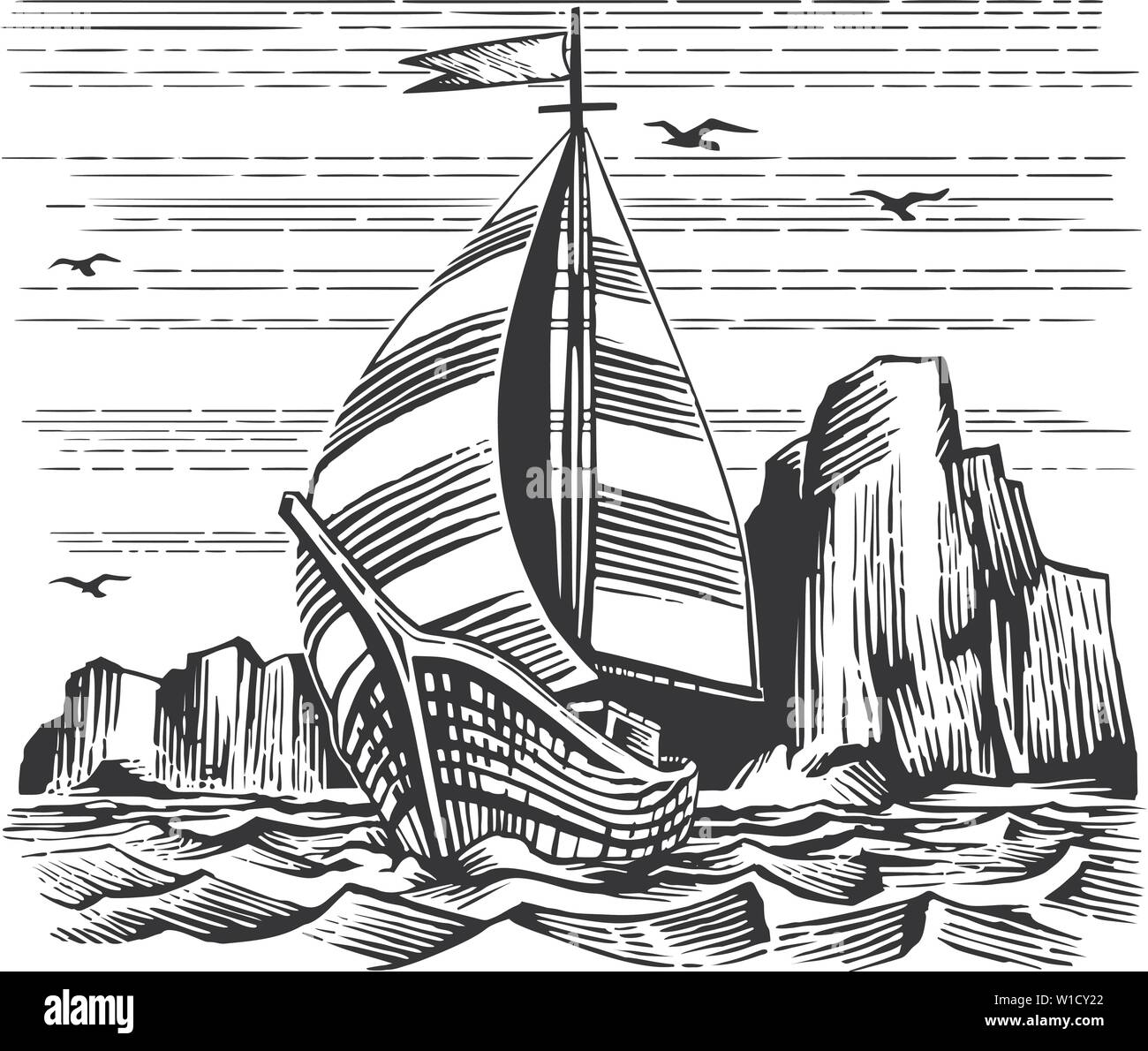 Segelboot im Hintergrund auf die Berge und Strand. Handskizze Vektor ...