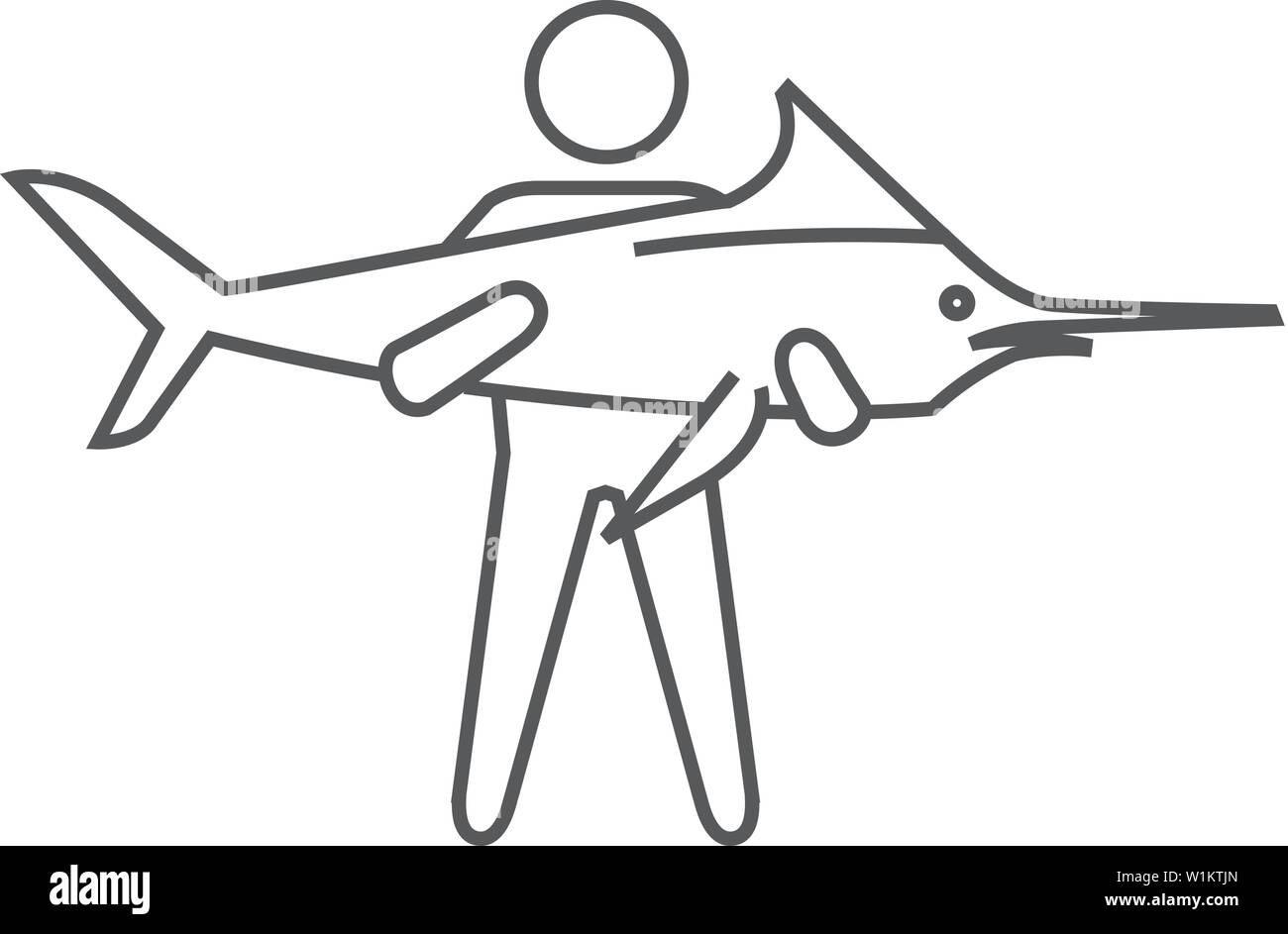 Mann mit Fisch-symbol in dünnen Umrisse Stil. Angeln Angler fangen Meer ...