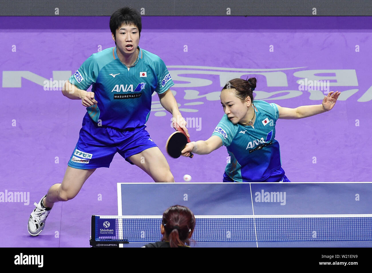 Busan, Südkorea. 5. Juli, 2019. Jun Mizutani (JPN), Mima Ito (JPN ...