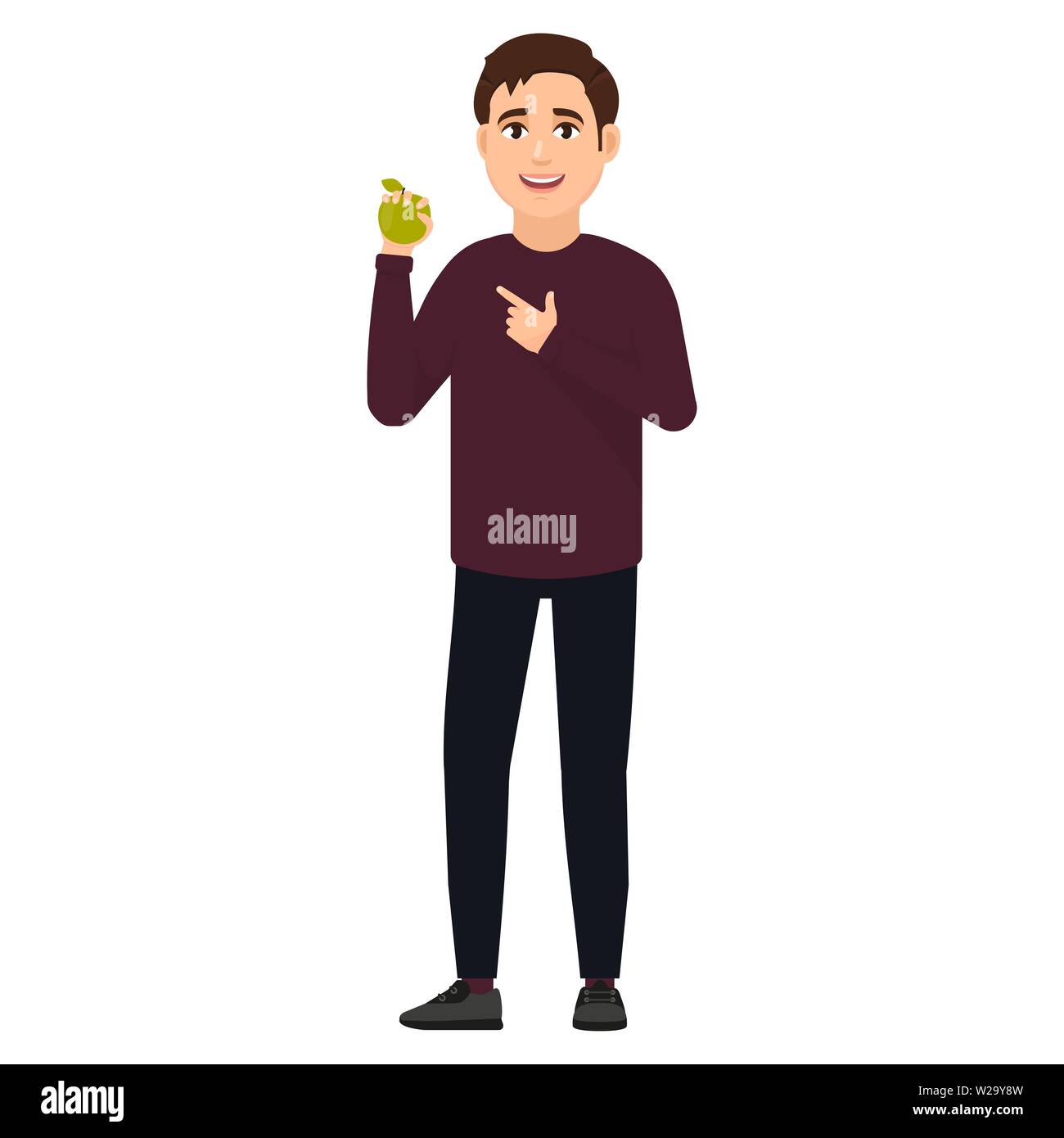 Der Kerl hat einen grünen Apfel und zeigt auf ein Finger, ein Cartoon ...