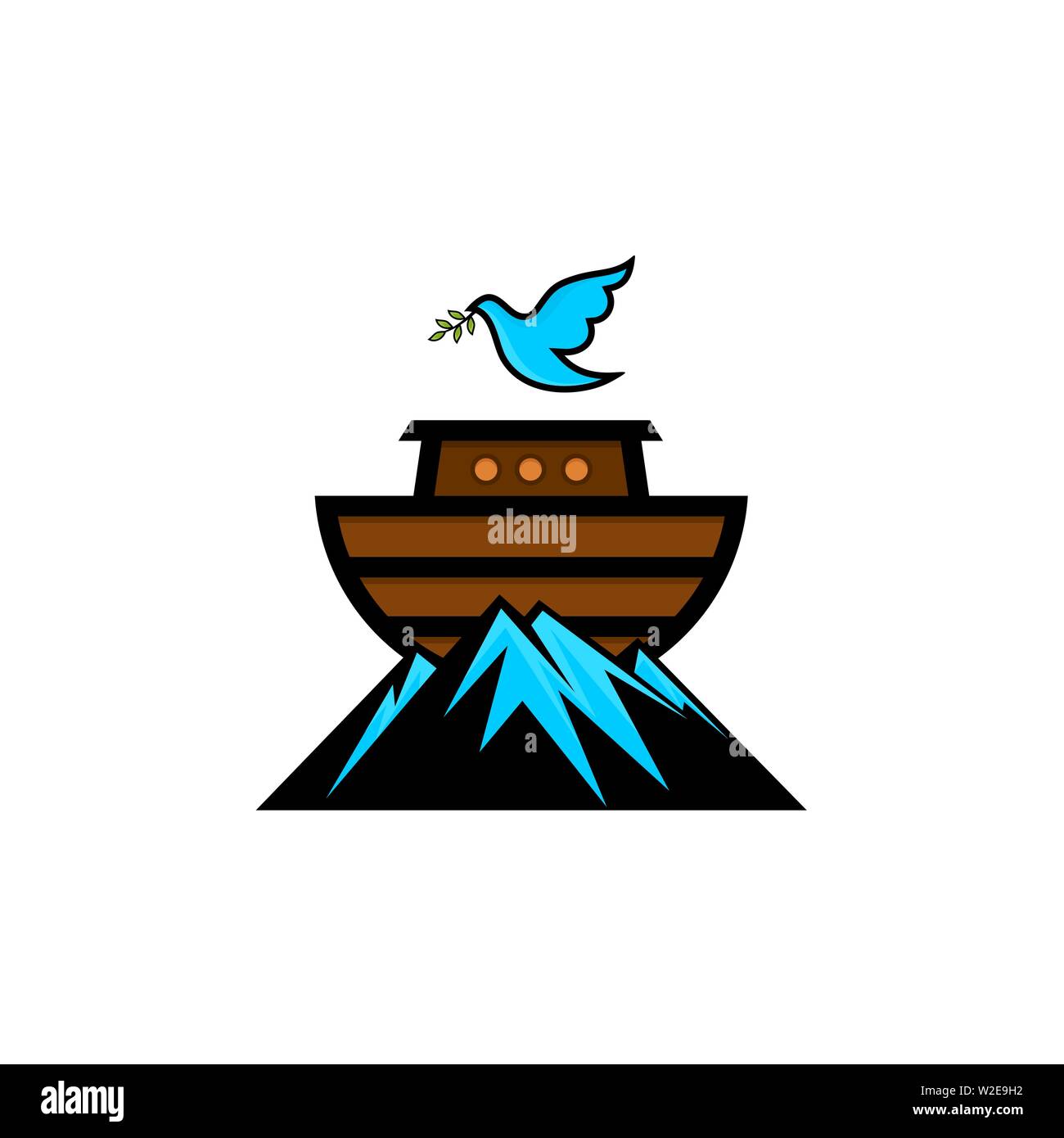 Logo der Arche Noah auf dem Berg. Taube mit einem Zweig der Olive ...