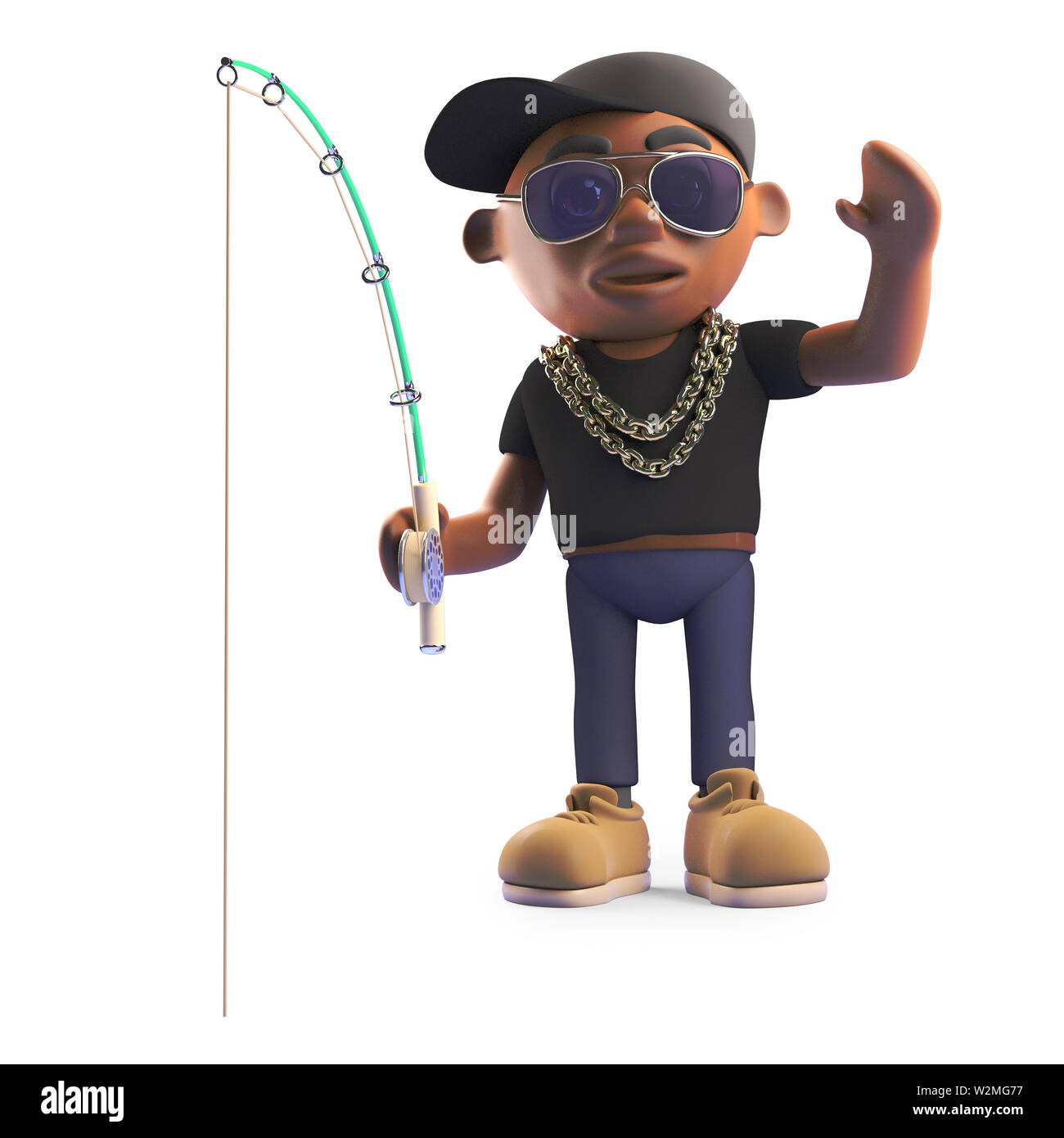 Schwarze hiphop Rapper im Baseball Cap mit Angelrute und winken, 3d ...