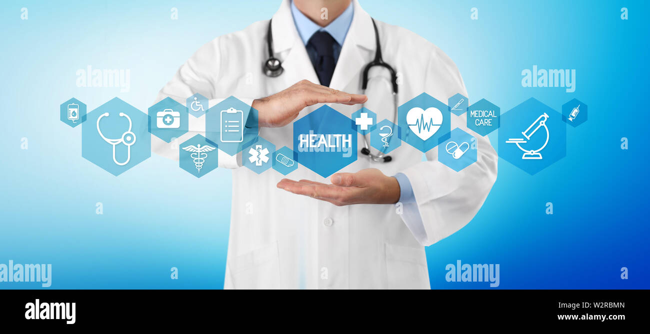 Medizinische Versorgung Versicherung Konzept, praktischen Arzt, Symbole ...