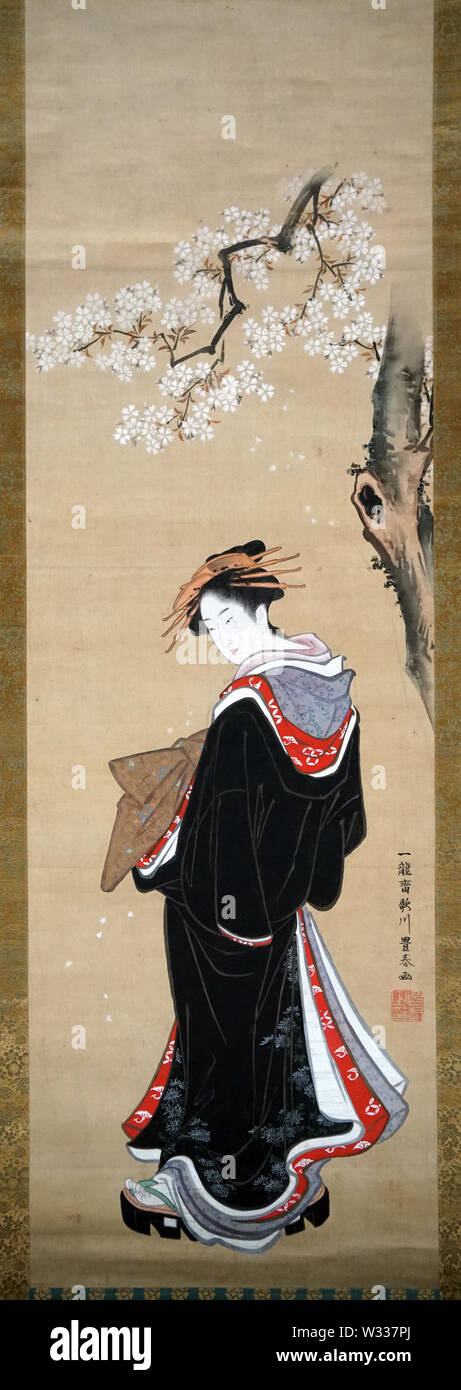 Kurtisane unter Kirschblüten, von Utagawa Toyoharu, Farbe auf Seide ...
