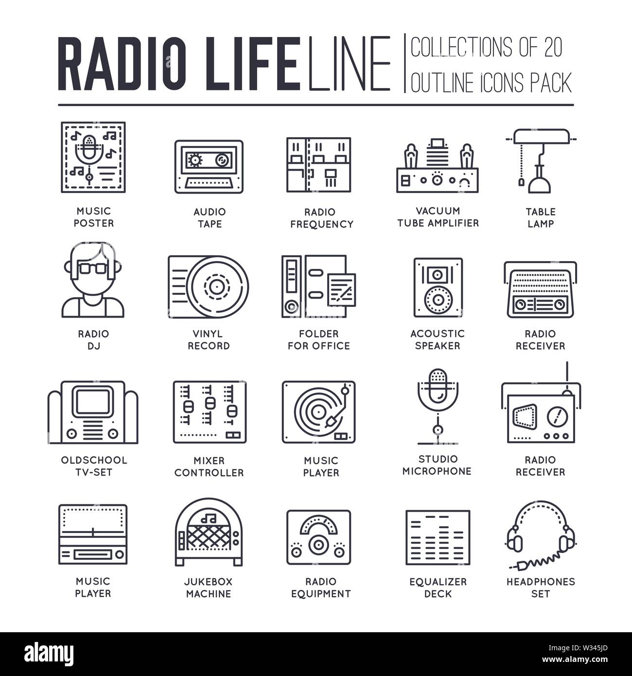 Satz von Radio Leben dünne Linie Symbole auf weißem Hintergrund. Alte ...