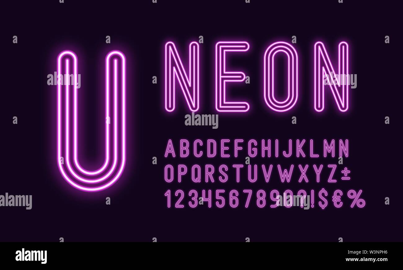 Neon abgerundete Alphabet, lila Farbe. Neon Konturschrift, monochrome leuchtenden Buchstaben ...