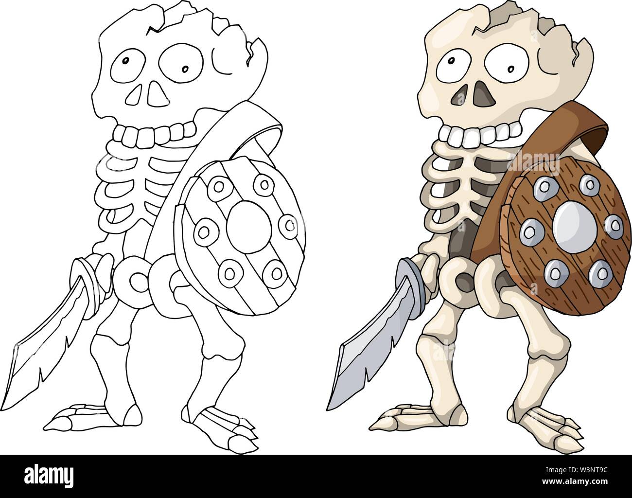 Menschliches Skelett Krieger mit Schwert und Schild aus Holz, Cartoon ...