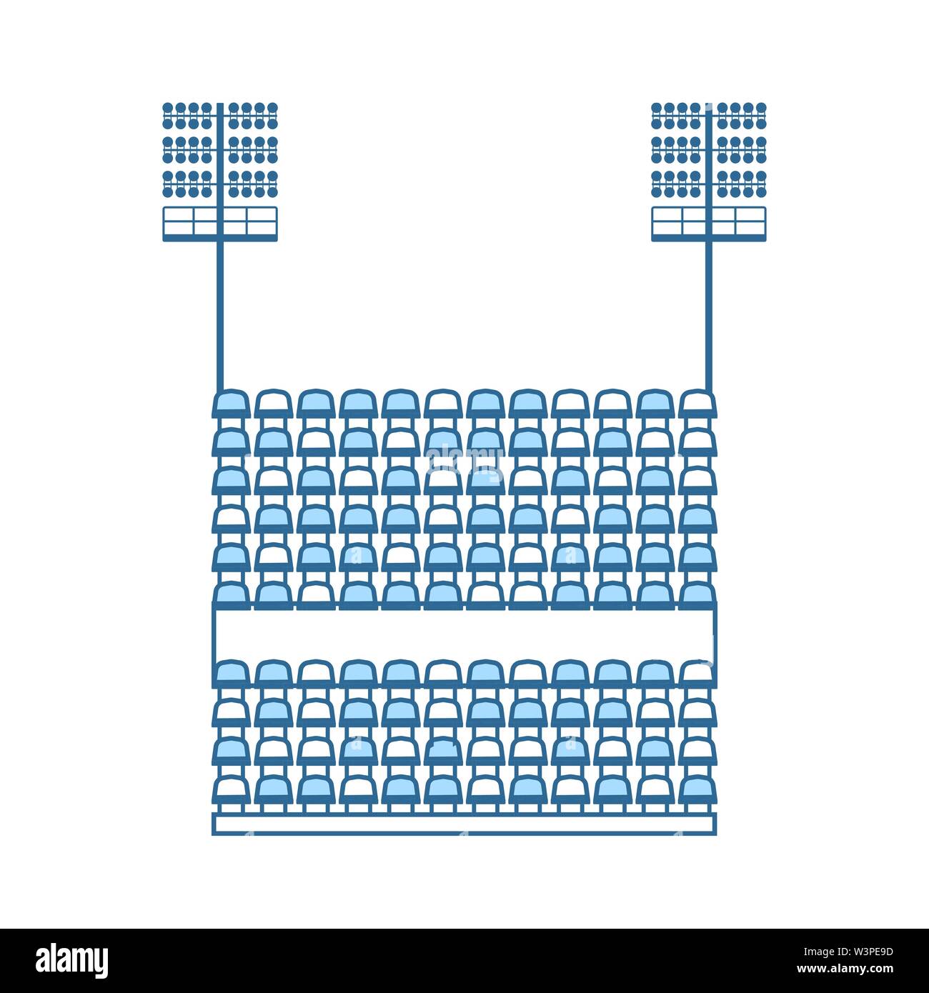 Stadion Tribüne mit Sitzplätzen und Lichtmast Symbol. Dünne Linie mit ...