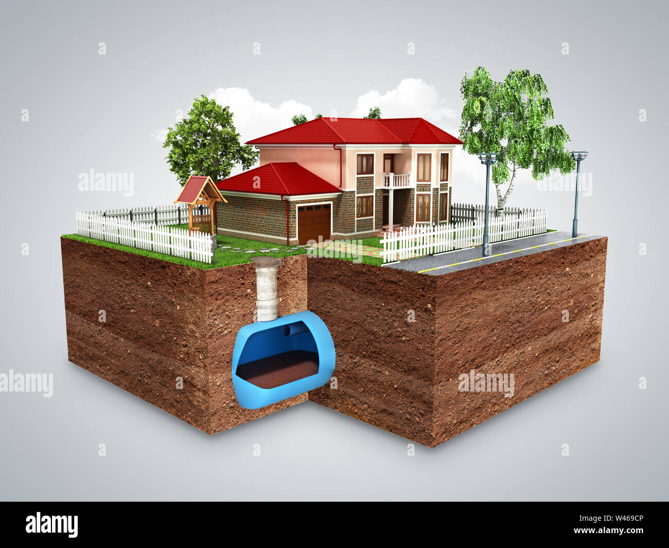 Konzept der Kanalisation in einem privaten Haus 3D-Render auf Grau ...