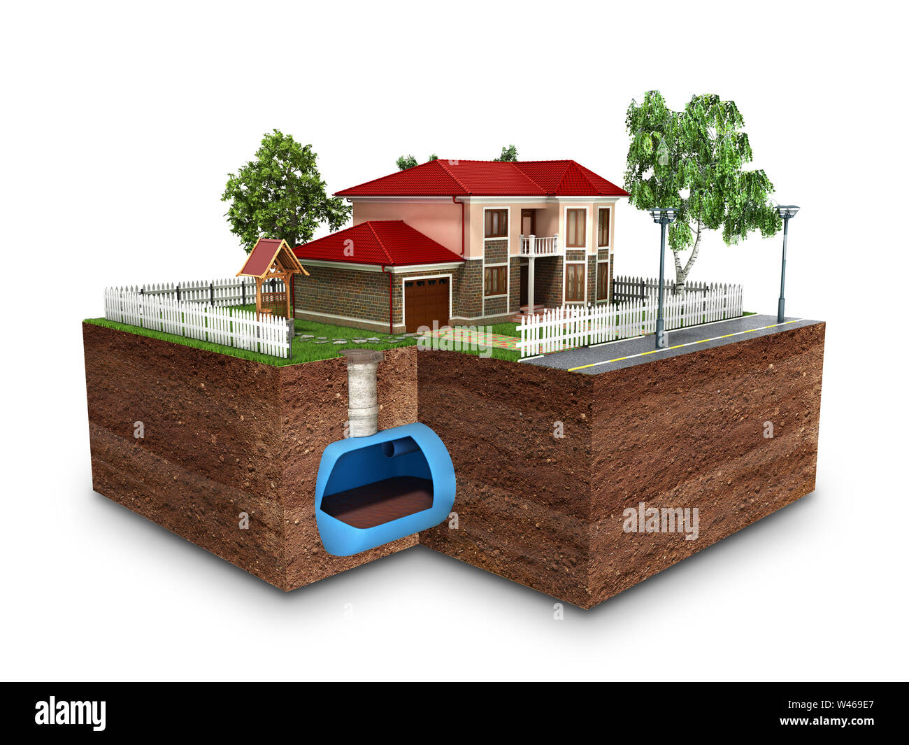 Konzept der Kanalisation in einem privaten Haus 3D-Render auf Weiß ...
