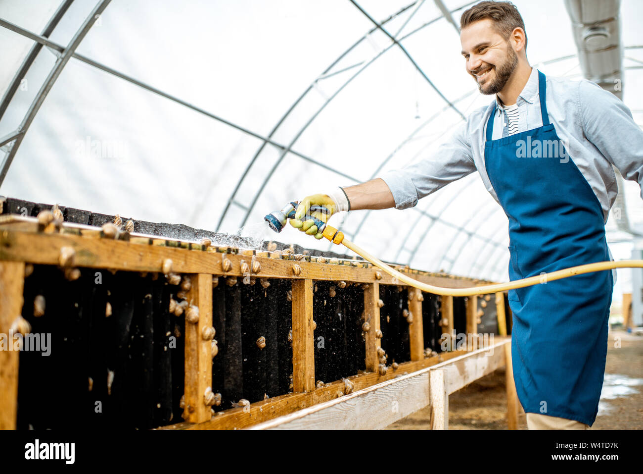 Stattliche Arbeiter waschen Regale mit Wasserpistole, kümmert sich um ...