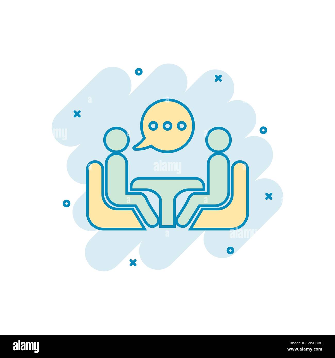 Business Consulting Symbol im Comic-stil. Zwei Personen mit Tisch ...
