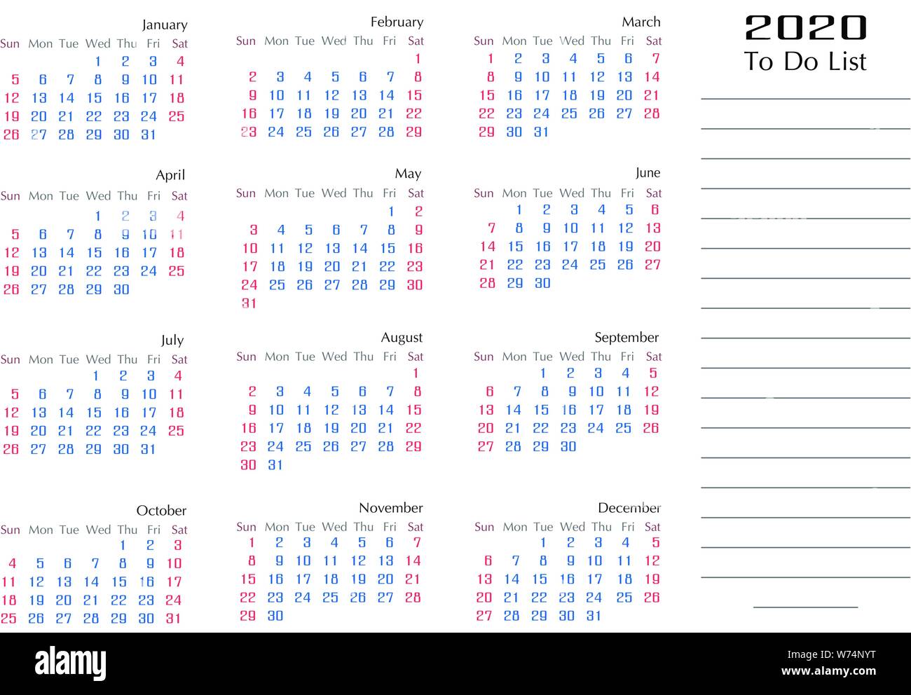 Einfache 2020 Vorlage Kalender jahr Liste Planer tun Stock-Vektorgrafik ...
