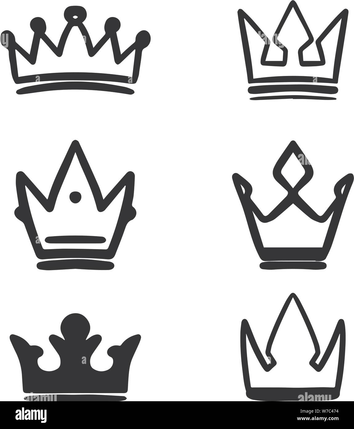 Satz von Hand gezeichnete Krone Symbole. Designelemente für Logo ...