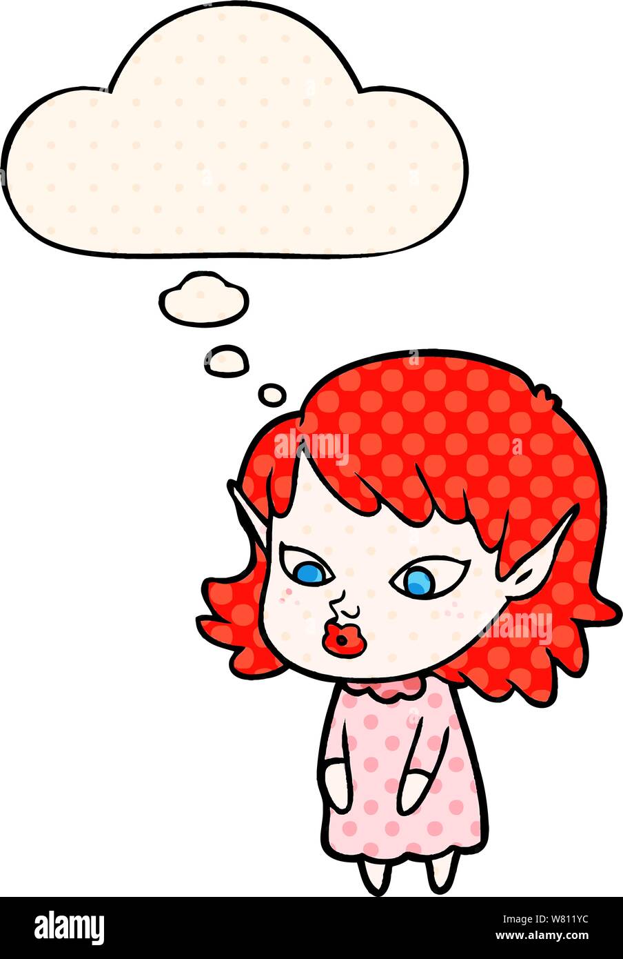 Cartoon Elf Mädchen mit spitzen Ohren mit Gedanken Blase im Comic Stil ...