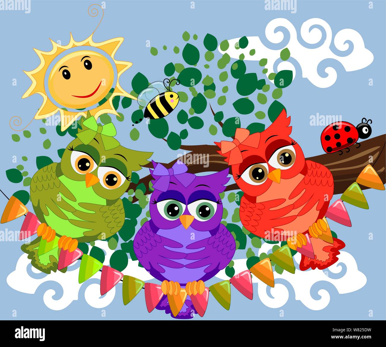 Drei süße bunte cartoon Eulen sitzen auf Ast mit Blumen. Geburtstag Karten Stock-Vektorgrafik ...